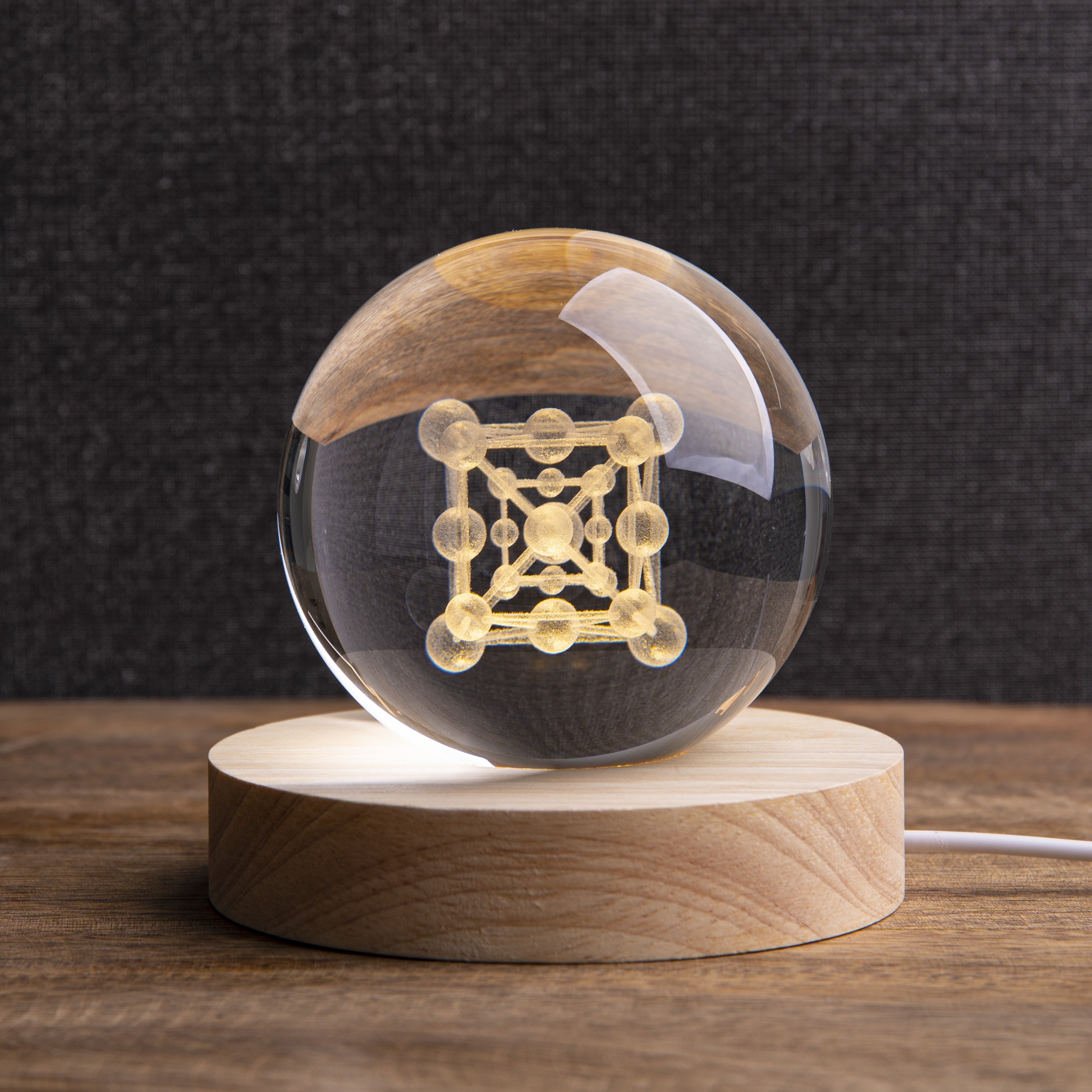 Boule de cristal Metatron lumineuse USB support chêne